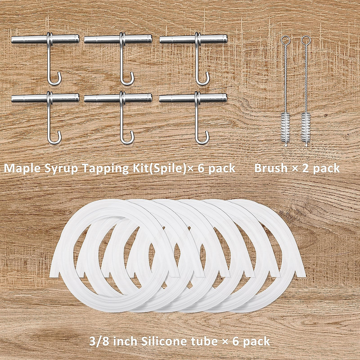 Maple Syrup Tapping Kit, Stainless Steel Maple Tree Taps Spiles, 6 Spiles and Hooks, 6pcs 3-ft Food Grade Tubing with 2 pack Spile Cleaning Brushes