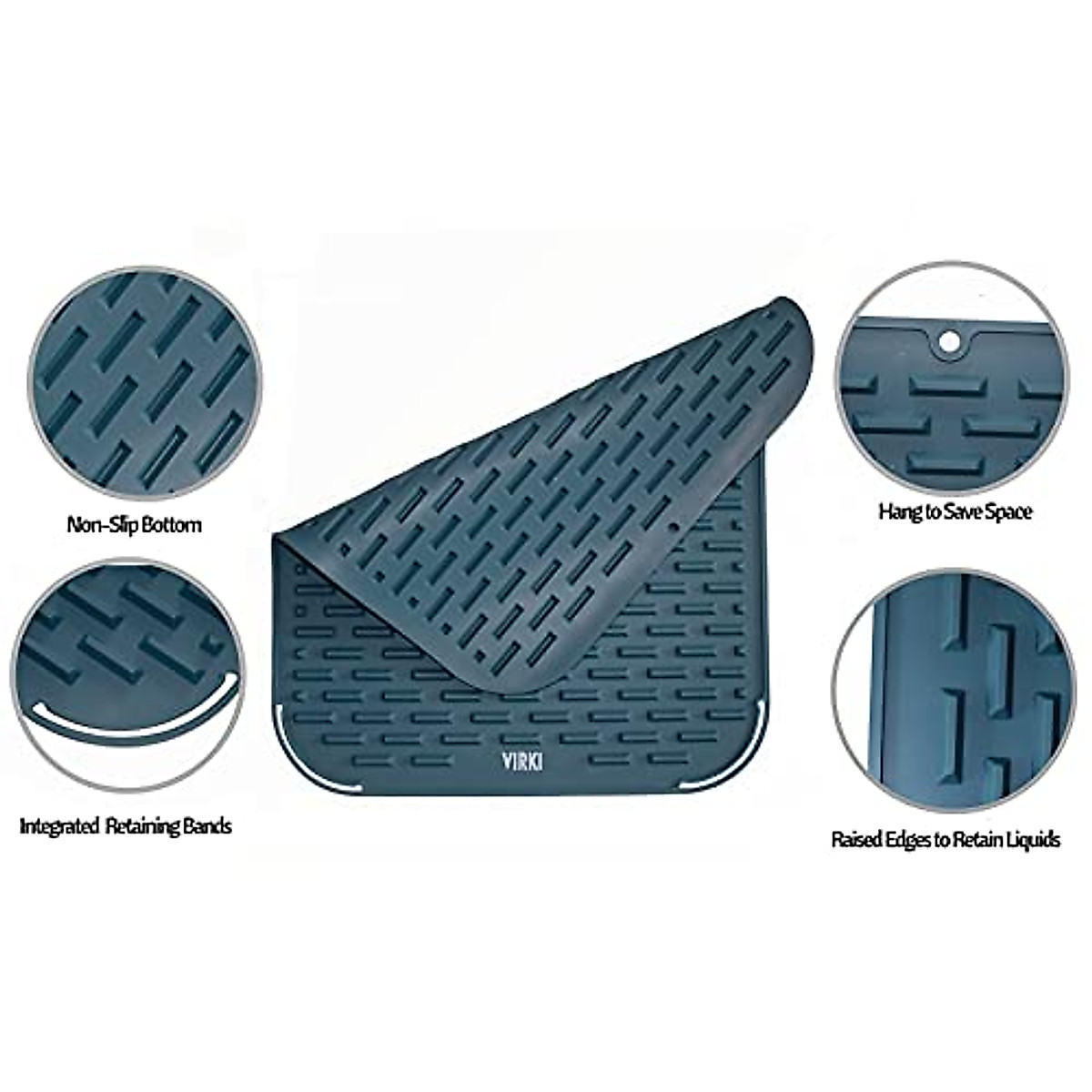 VIRKI Silicone Dish Drying Mat, Large 21"x18", Reusable Dish Mat, Non-Slip Kitchen Mat, Heat Resistant, Easy Dish Drying, Dishwasher Safe, Raised Edge Design