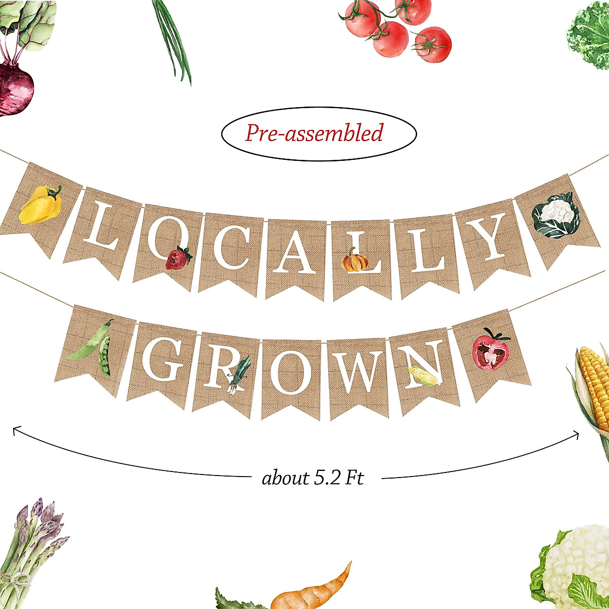 Locally Grown Banner Burlap Bunting Garland for Kids Farmers Market Produce Stand Baby Shower Wedding or Gardener Theme Farm Party Photo Backdrop