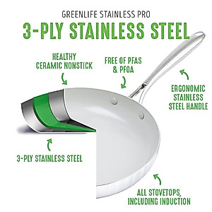GreenLife Tri-Ply Stainless Steel Healthy Ceramic Nonstick, 10 Piece Cookware Pots and Pans Set, PFAS-Free, Multi Clad, Induction, Dishwasher Safe, Oven Safe, Silver