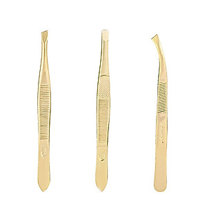 Tvoip 3Pcs Eyebrow Tweezer Golden Stainless Steel Slant/Flat Tip Curved Forceps Hair Removal Cosmetic Makeup Tool Kit Face Trimmer