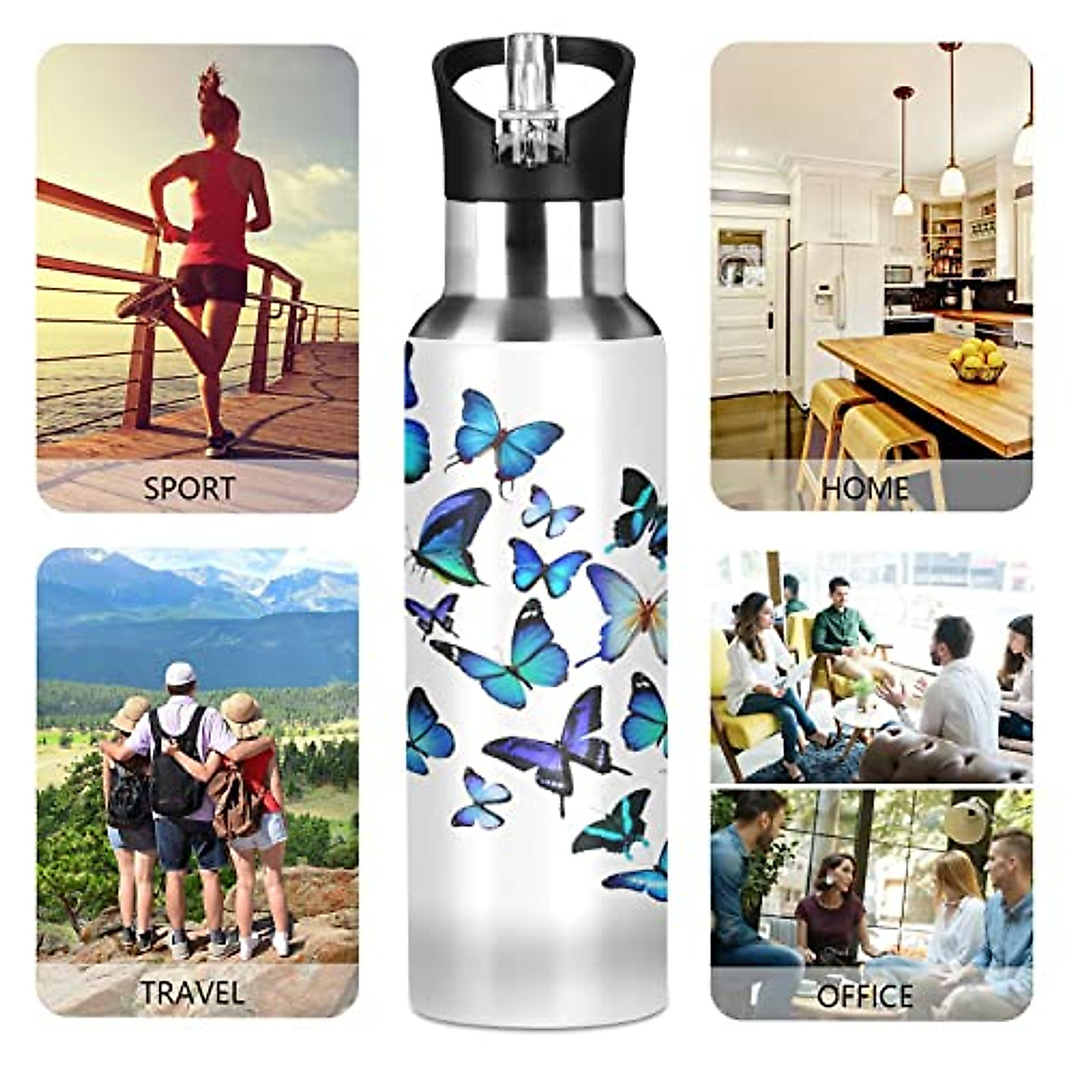 Kcldeci Blue Butterfly Sports Water Bottle 20 Oz Straw Lid Leak Proof Vacuum Insulated Stainless Steel Water Bottles Hot Cold Double Walled Thermo Mug Tumbler Travel Cup