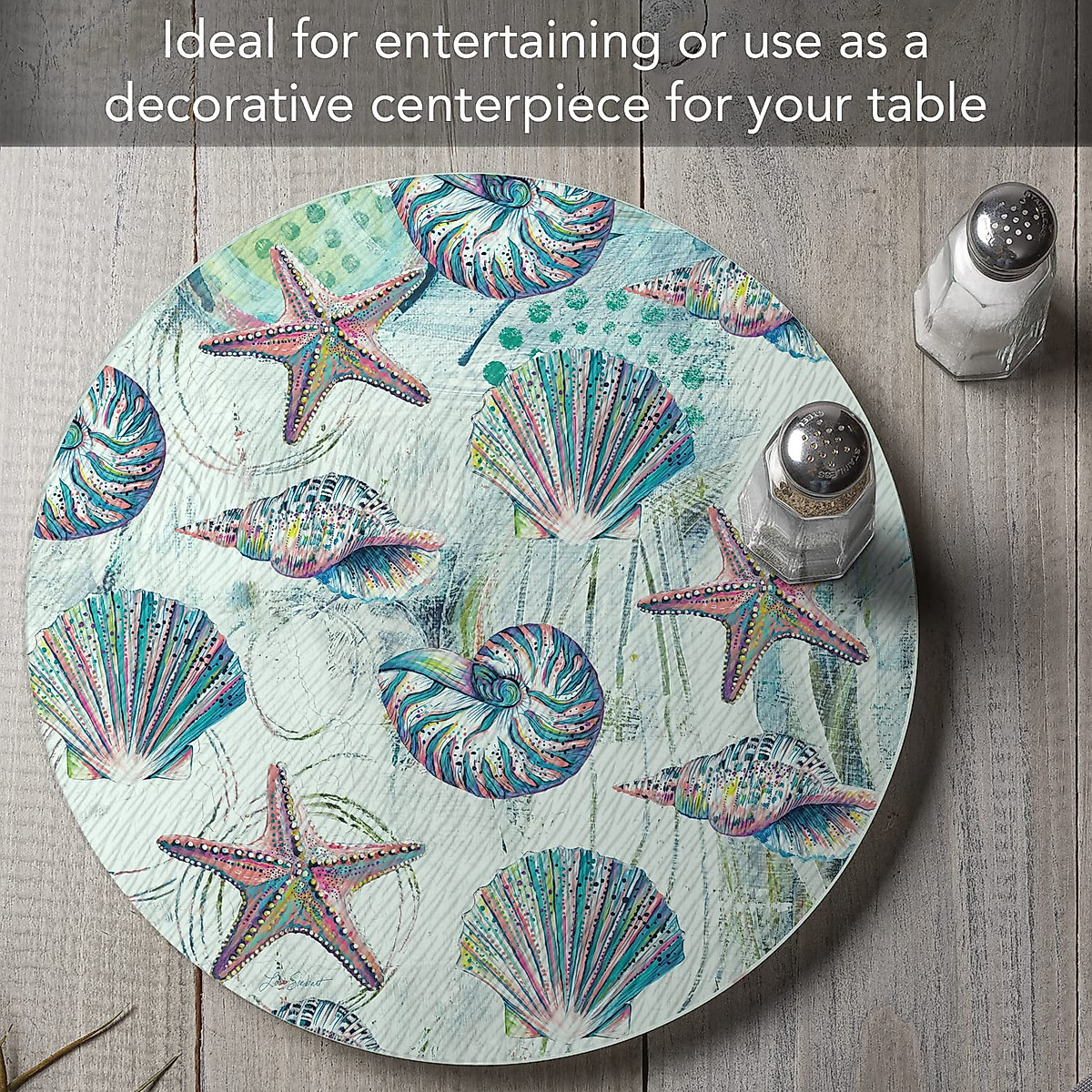 CounterArt Jewels of The Sea 4mm Heat Tolerant Tempered Glass Lazy Susan Turntable 13" Diameter Cake Plate Condiment Caddy Pizza Server