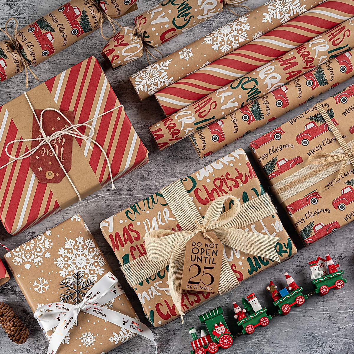 RUSPEPA Wrapping Paper, Kraft Paper - Snowflakes, Car and Christmas Tree, Stripes and Merry Christmas - 4 Rolls - 30 inches x 10 feet per Roll