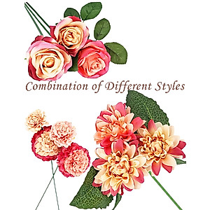 SUPICKET 1 Bunch 8 Pcs Artificial Rose Dahlia Daisy Flower Bouquet Bride Bridesmaid Holding Flowers for Home Hotel Office Wedding Party Garden Craft Art Decor, Red&Orange