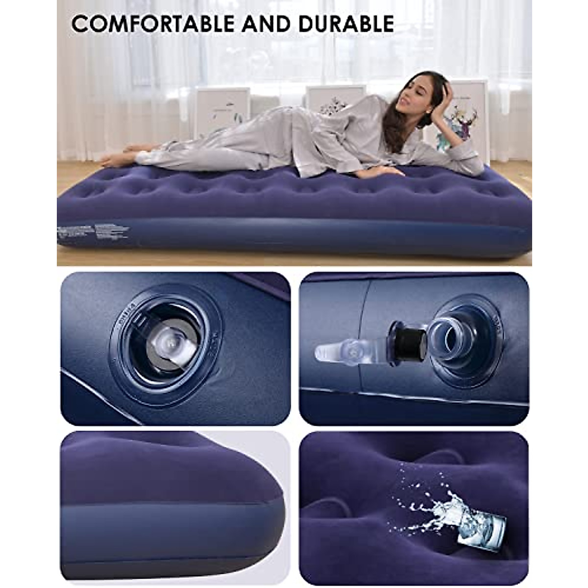 JEAOUIA Twin Size Air Mattress for Inflatable - Portable Blue Blow Up Mattresses with Flocked top - Single Foldable Air Bed for Tent Camping Home Travel Backpacking