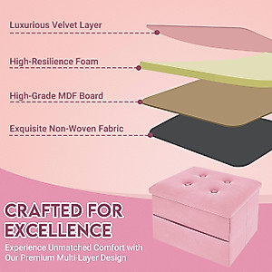 ZOES HOMEWARE Small Storage Ottoman Foot Rest, Velvet Ottoman with Storage and Side Pocket, Pink Foot Rest for Couch, Foldable Footstool Ottoman for Chair,Living Room&Dorm, 16"x12"x12" Pink