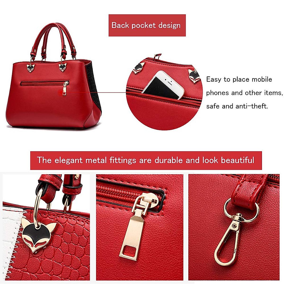 Handbags for Women Fashion Ladies Purses PU Leather Satchel Shoulder Tote Bags (Red2)