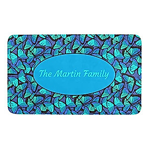 CUXWEOT Tropical Blue Butterflies Pattern Personalized Doormat Text Name Custom Indoor Outdoor Pet Mat Entrance Rugs Home Decor Welcome Door Mats 23.6 x 15.7 Inch