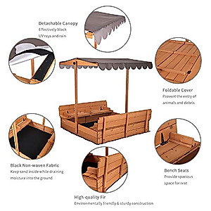 Kids Wooden Outdoor Sandbox w/Canopy, 2 Foldable Bench Seats, Retractable Roof Sand Protection Liner 47x47-Inch