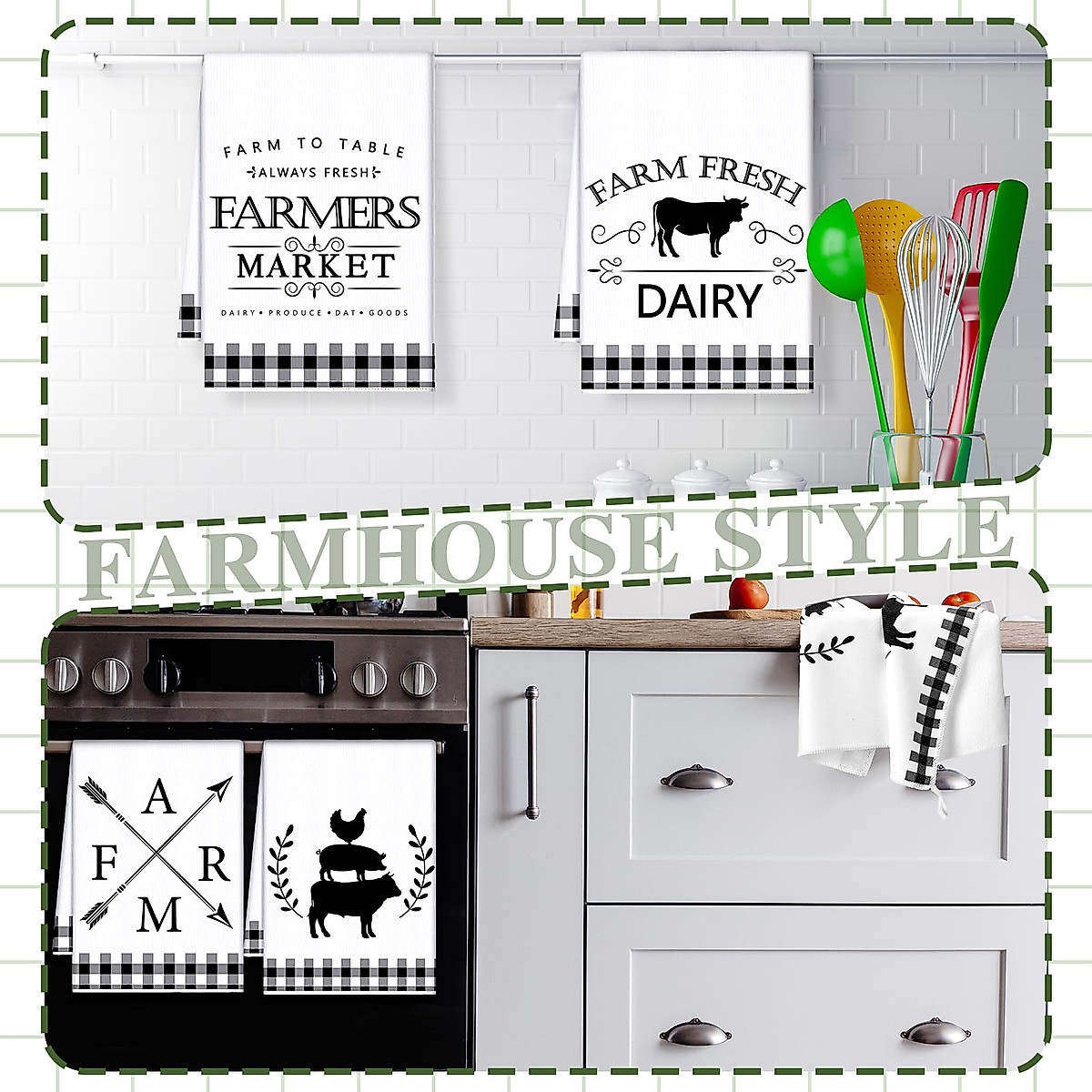 Geyoga 4 Pcs Farm Chicken Kitchen Towels Farmhouse Vintage Buffalo Plaids Dish Towel Rustic Rooster Pig Cow Cloths Hand Towels 16 x 24 Inch Tea Towel for Christmas Bathroom (White, Black,Farm)