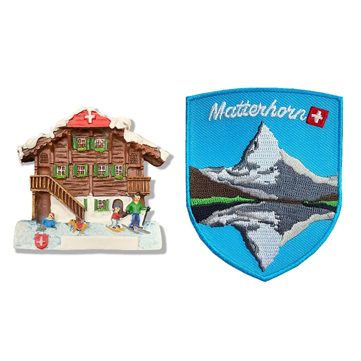 A-ONE Swiss Chalet Winter Snow Switzerland 3D Gift Fridge Magnet 1PC+Matterhorn Landmark Iron on Patch 1PC, Scenery Freezer Magnet, Emblem Patch for Denim Jacket Shirts Holiday Travel Gift C12+192