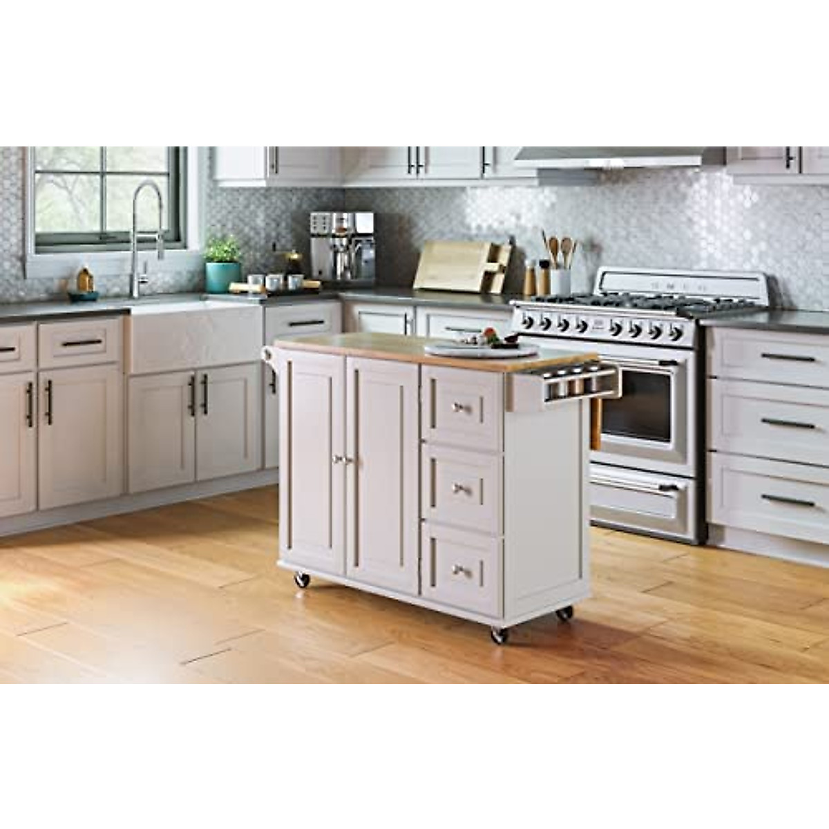 Homestyles Mobile Kitchen Island Cart with Wood Drop Leaf Breakfast Bar, Off White,Soft White, 54 Inch Width