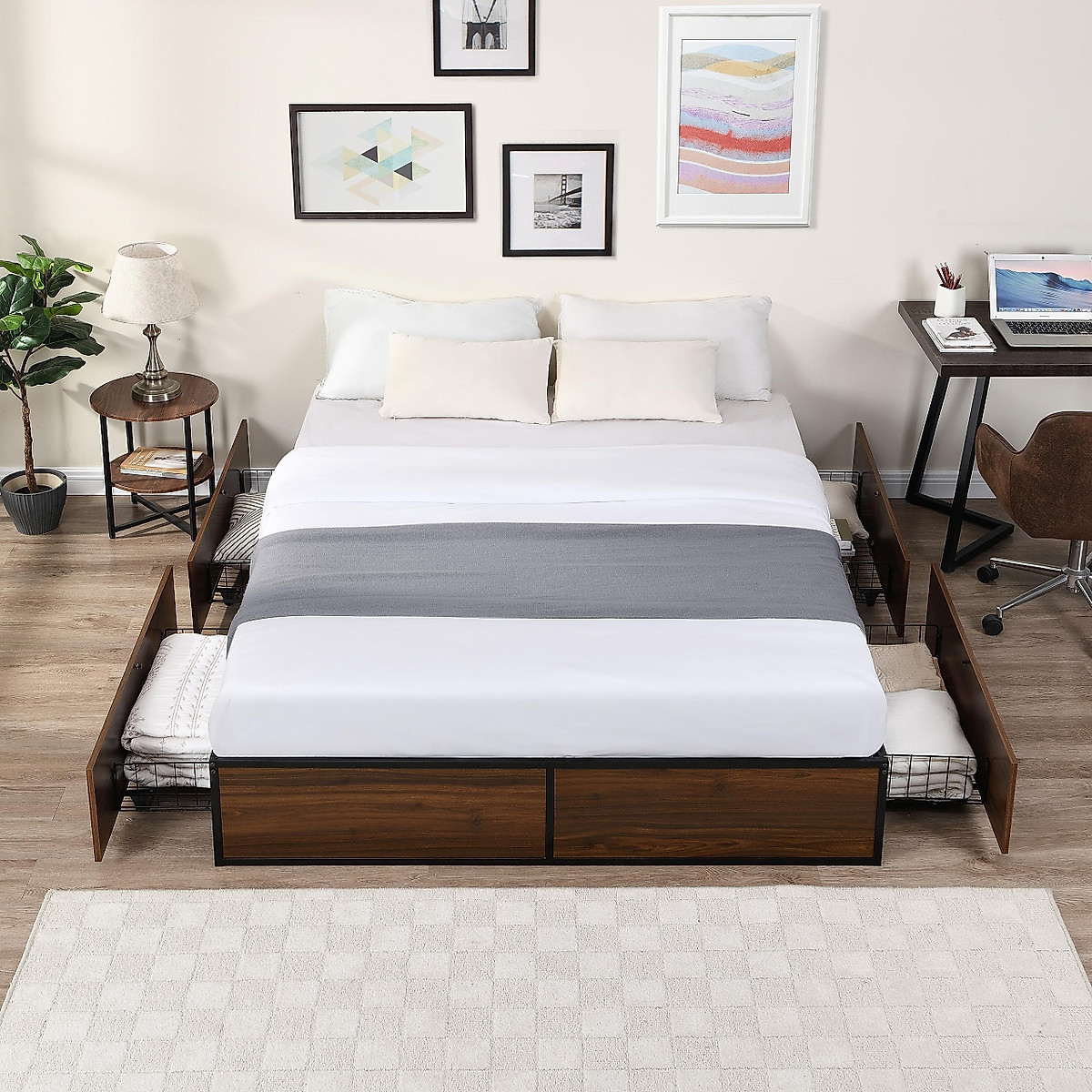 Prohon Queen Size Bed Frame with 4 Extra Large Storage Drawers on Wheels, Strong Steel Slat Support, Space-Saving Metal Platform Bed, Bedframe for Adults, Teens & Kids, No Box Spring Needed, Brown