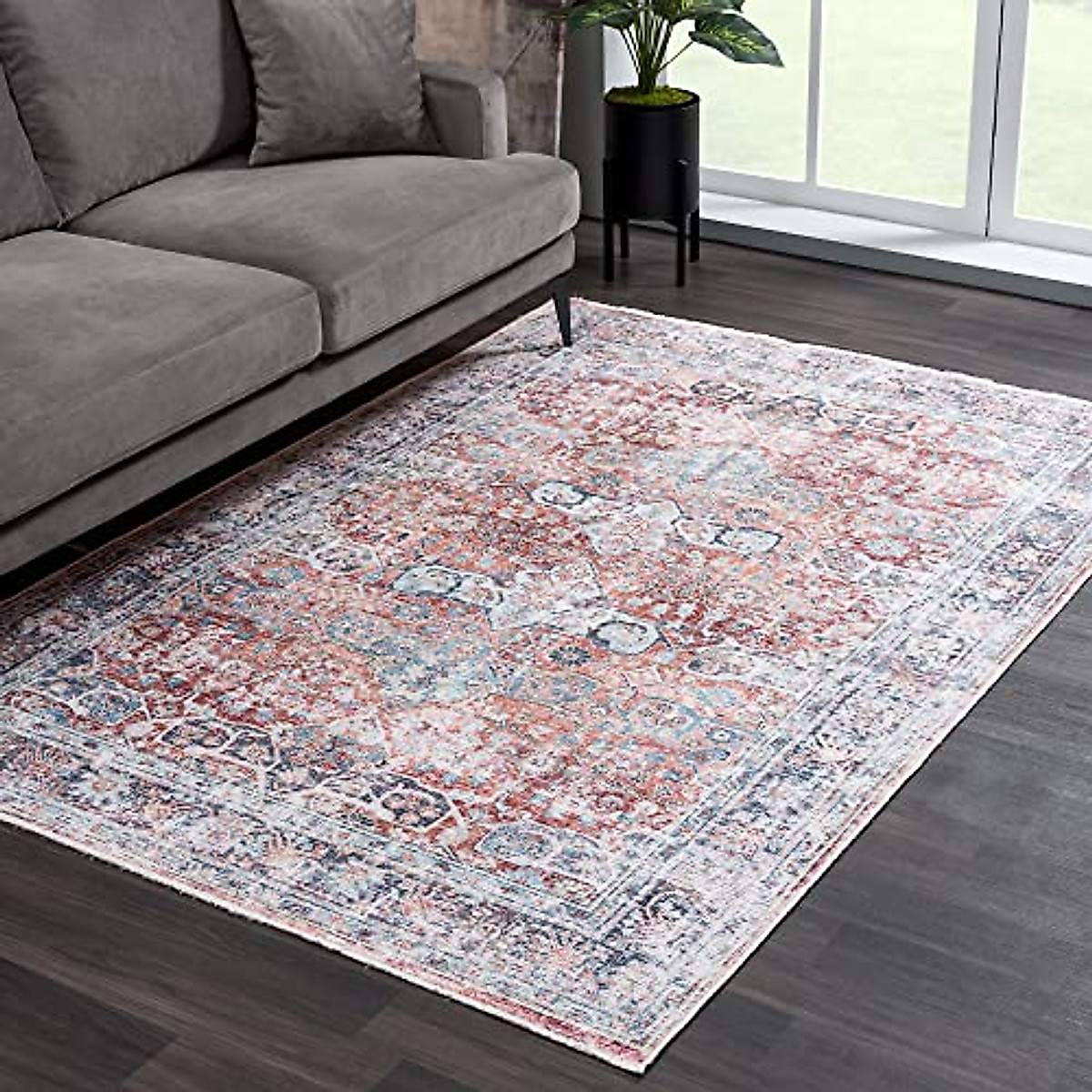 Bloom Rugs Caria Washable Non-Slip 4x6 Rug - Brick/Dark Blue Area Rug for Living Room, Bedroom, Dining Room and Kitchen - Exact Size: 4' x 6'