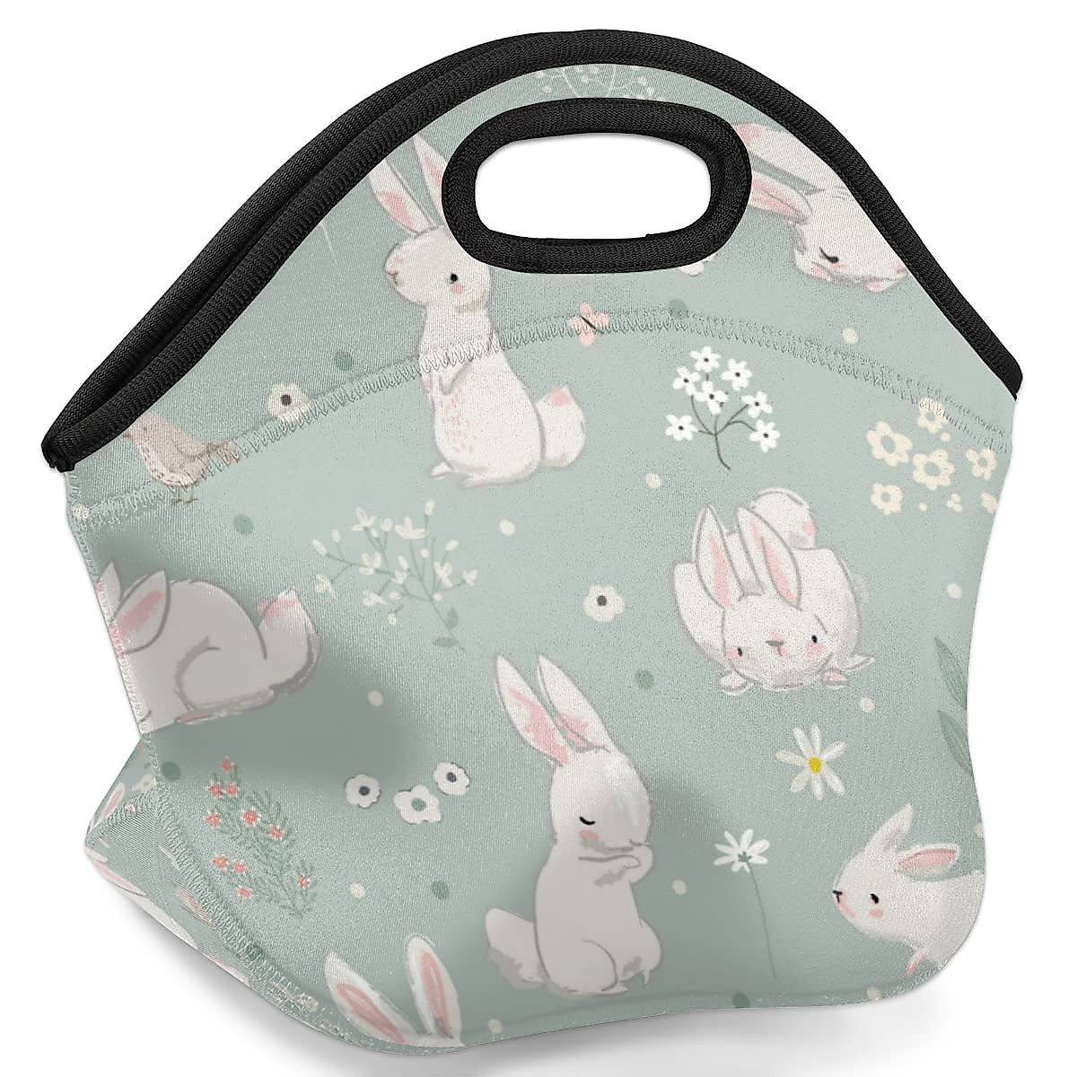 Insulated Neoprene Lunch Bag for Women Men Kids Cute Rabbit Bunny Flower Lunch Box Reusable Small Lunch Tote Bag Cooler Bag for School Work Picnic