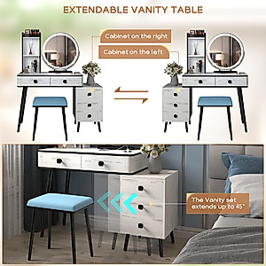 LVSOMT Vanity Desk with Mirror and Lights, Makeup Vanity Table with 3-color Lights & Charging Station, Vanity Set with 5 Drawers, Dressing Table with Stool for Women Girls (Wood White)