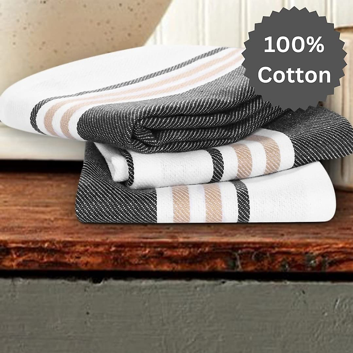 Urbana Cotton Set of 12 Assorted Waffle Kitchen Towels 100% Cotton Super Soft Absorbent Reusable Cleaning Cloths Machine Washable Weave Tea Towel with Hanging Loop (Black, 16 X 26 Inches)