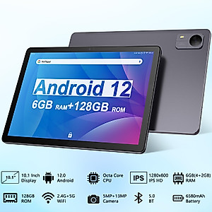 Hot Pepper Android Tablet 10 inch,Android 12 Tablet,6GB RAM 128GB ROM Tablet with 5MP+13MP Dual Camera,1280x800 HD Touch Screen,6580mAh,Octa-Core Tablet for Working,Split Screen Support