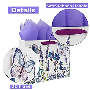 13" Large Purple Gift Bag Set with Greeting Card and Tissue Paper (Lavender and 3D Butterfly) Women's Birthday, Girls Party, Mother's Day, Wedding