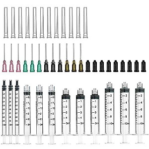 12 Pack - 1ml, 3ml, 5ml, 10ml Syringes each 3pcs with 14Ga, 16Ga, 18Ga and 20Ga Blunt Tip Needles and Storage Caps(Luer Lock)