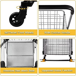 Shopping Cart with Wheels, Realife Folding Utility Cart with Brake for Grocery, Holds Up to 90lbs, Silver