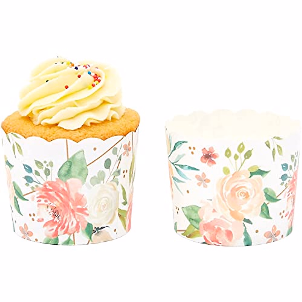 50 Pack Floral Cupcake Wrappers for Wedding, Watercolor Flower Paper Baking Cups and Muffin Liners for Tea Party (2.25 x 2.75 In)