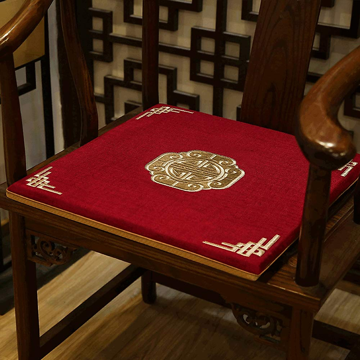 Soft Comfortable Durable Chair Pads Living Room Balcony,Chinese Non-Slip Seat Cushion,Cotton Linen Embroidered Chair Cushion Red 45x38cm(18x15inch)