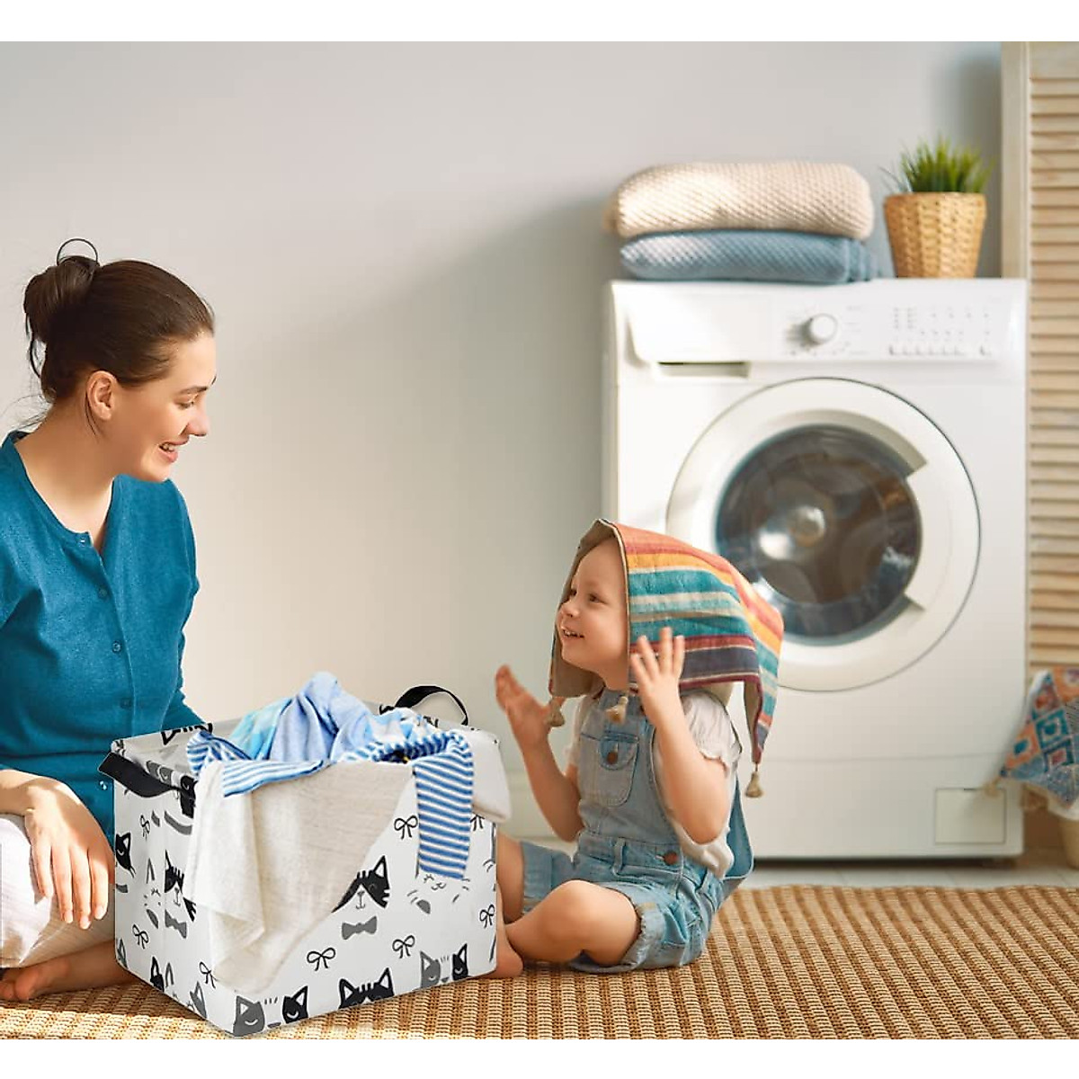 HIYAGON Cat Basket Cute Toy Storage Basket Bin Organizer Box Kids Gift Basket Empty Rectangular Cat Room Decor for Home Books(Bowknot Cats)