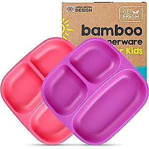 GET FRESH Bamboo Kids Divided Plates Set – 2-Pack 3 Compartment Bamboo Childrens Plates for Kids Meals – Reusable Bamboo Toddler Divided Plates Set – Colorful Bamboo Kids Dinnerware Sectioned Plates