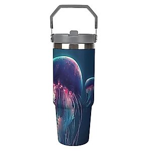 30oz Stainless Steel Insulated Tumbler with Flip Lid & Straw, Leakproof Travel Mug for Car, Color Jellyfish Double Wall Vacuum Thermal Coffee Cup with Handle, Spill-Proof Design for Hot/Cold Drinks