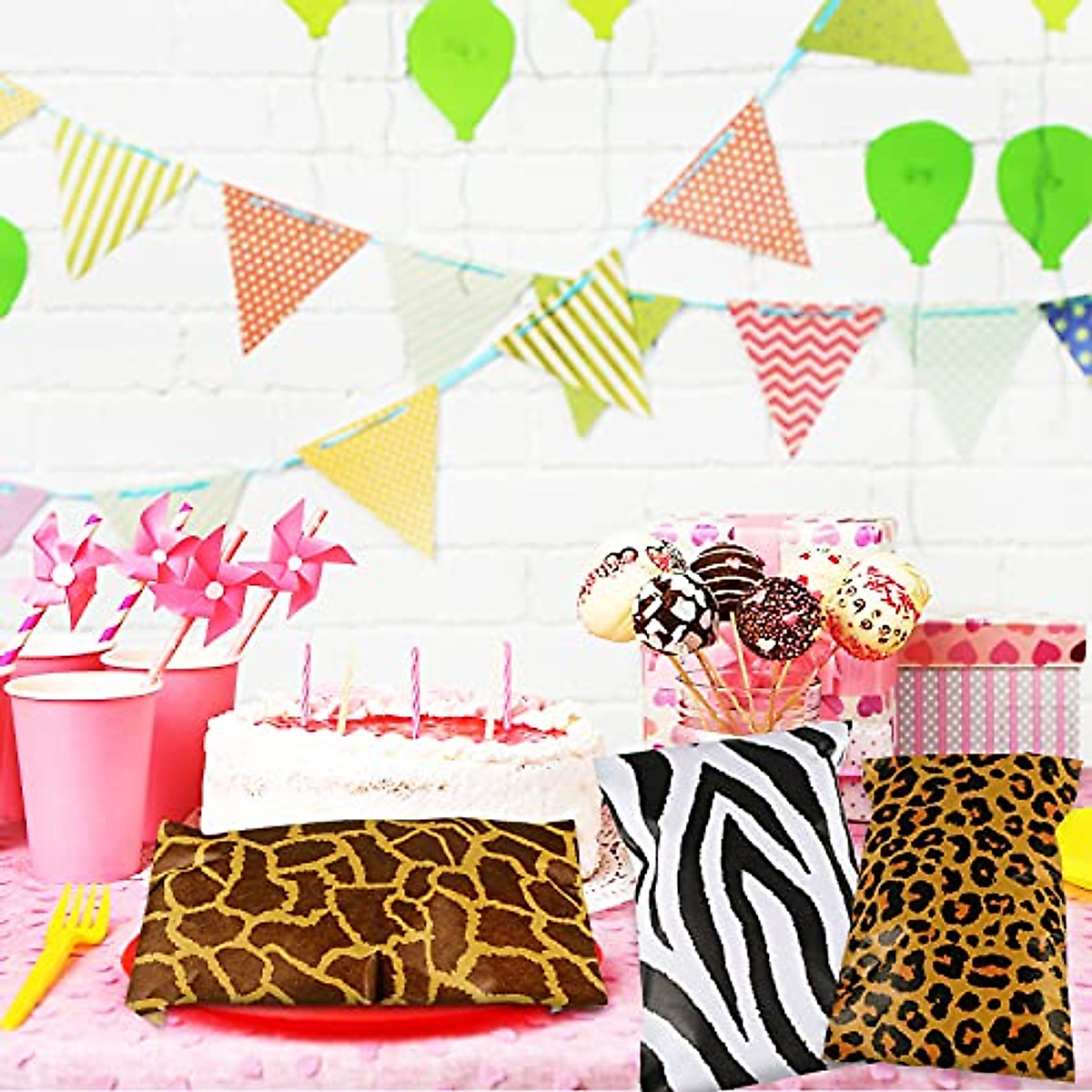 100 Pieces Jungle Animal Kraft Paper Bags Leopard Zebra Giraffe Print Paper bags Small flat plain Paper Treat Bags for Candy, Cookies, Merchandise, pens, Party Favors, 4 x 6 Inches