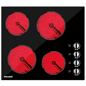 Weceleh Electric Cooktop 24 Inch 4 Burners, 24 Inch Electric Cooktop 4 Burner, Electric Stove Top 24 Inch, 24 Electric Cooktop Ceramic, Knob Control, Drop Built-In, Black, 220-240V, Glass, 6000W
