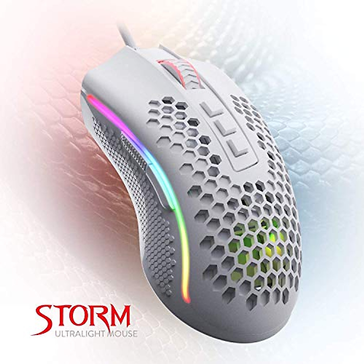 Redragon M808 Storm Lightweight RGB Gaming Mouse, 85g Ultralight Shell - 12,400 DPI Optical Sensor - 7 Programmable Buttons - Precise Registration - Super-Lite Cable - White