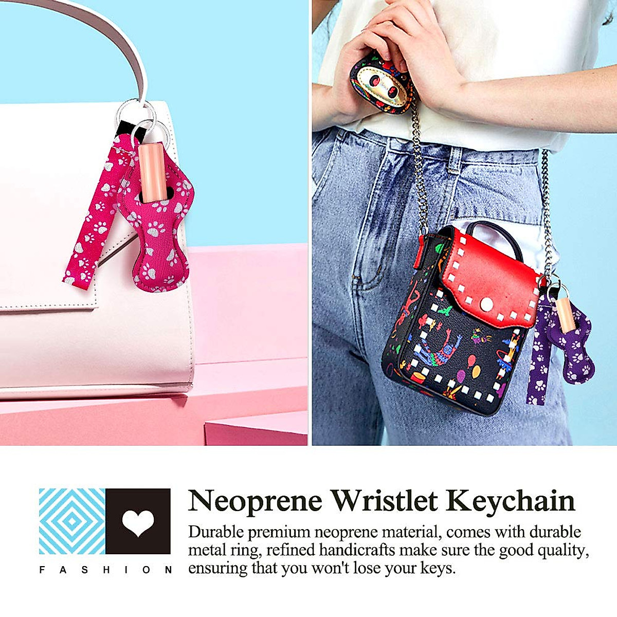 6 pcs Chapstick Holder Keychains with 6 pcs Neoprene Wristlet Keychain Lanyards, Vibrant Colors Lip Balm Keychain Holder, Chapstick Keyring Holder Portable Lipstick Holder Keychains (C 6 pairs)