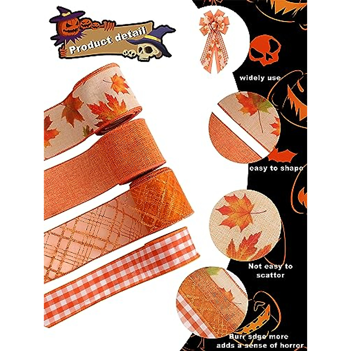 Wlflash 4 Rolls 24 Yards Fall Burlap Ribbon Wrap Orange Burlap Leaf Mesh Linen Wired Edge Harvest Pumpkin Wreath Autumn Thanksgiving Supplies Gift Bows Craft Wrapping Ribbon decoration (4 Rolls, Fall)