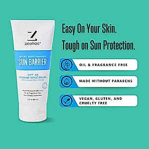 Sun Barrier 3 oz by Zealios - Broad Spectrum SPF 45 Non-Greasy Water-Resistant Zinc Sunscreen - Last Absorbing Sunblock Body Lotion for Athletes