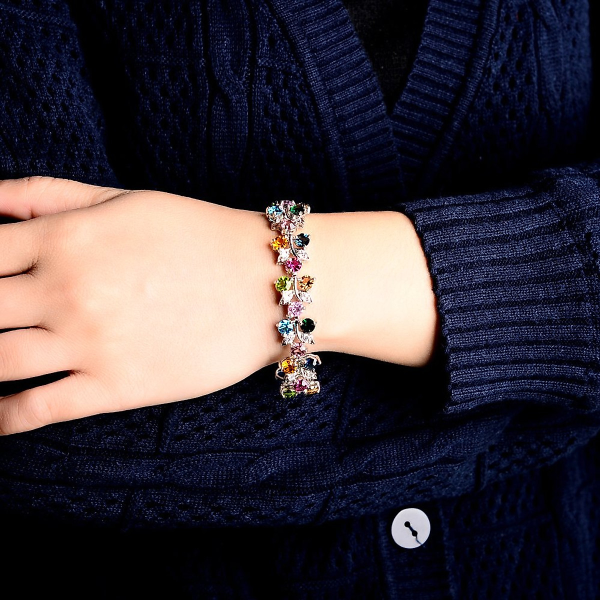 RIZILIA Tennis Bracelet & Round Cut CZ [Multi-color Cubic Zirconia] in White Gold Plated, 7"