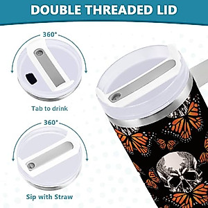 Slewiaeky Tumbler with Handle 40 oz Skull Butterfly Orange Travel Mug with Lid and Straw Stainless Steel Vacuum Insulated Water Bottle Cup for Iced Tea Coffee Cold Beverages Cup Holder Friendly