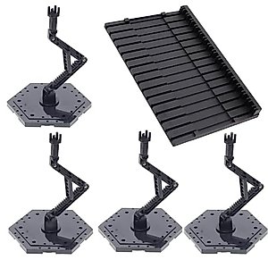 Bioristar HG RG Hobby Action Base Gundam Model Stand Hobby Display Stand Model Pieces Shelves Plastic Rack Organizer (1/144 Scale) (4 pack Black with 1 pack shelf)