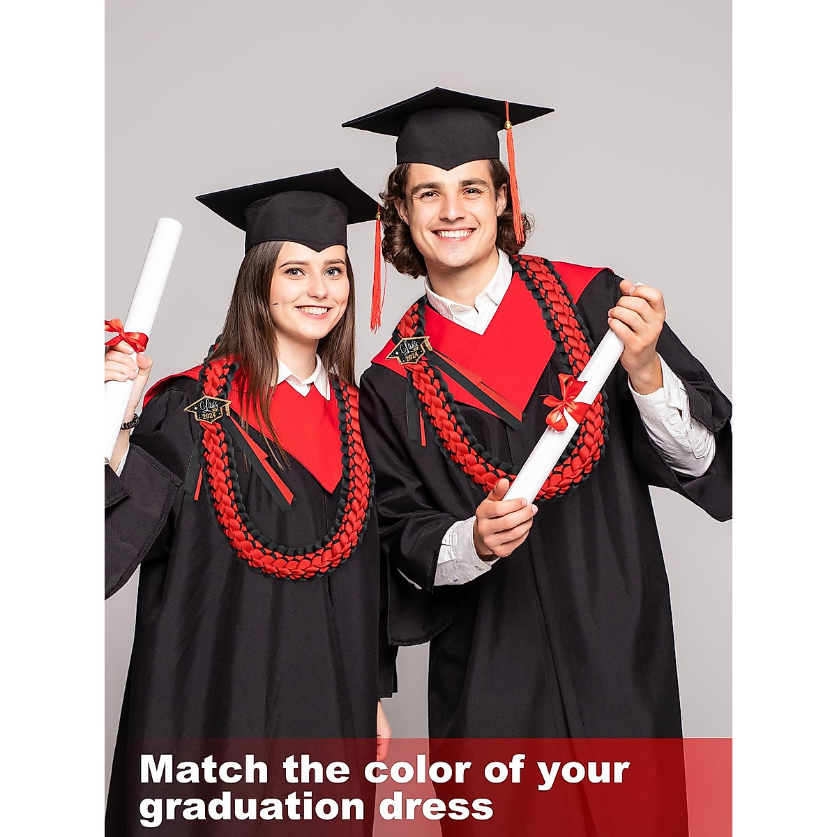 TFTAFAN Graduation Lei Class of 2023 Ribbon Leis Necklace Braided Necklaces gift Party Accessories for Women and Men (black red, 2)
