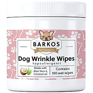 Barkos Pet Supplies Wrinkle Wipes for Dogs | Bulldog, French Bulldog, Pug, English Bulldog | Cleans & Soothes Wrinkles, Folds, Tear Stain, Tail Pockets & Paws, Anti-Itch | 100 Soft Cotton Pads…
