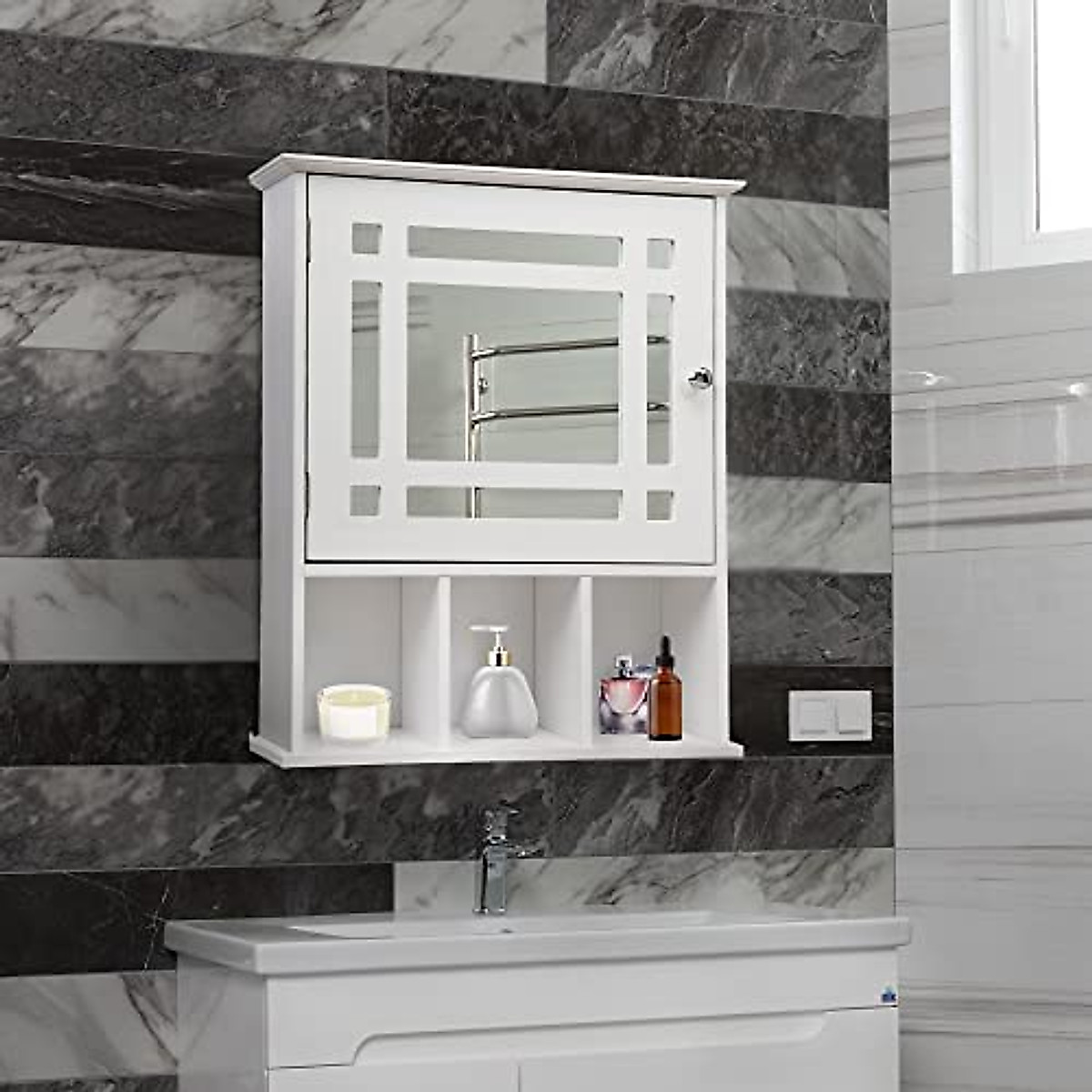 Sandinrayli Bathroom Wall Cabinet, Bathroom Mirror Cabinet with Mirror,Wood Medicine cabinets for Bathroom with Adjustable Shelf & 3 Open Compartments,(White)