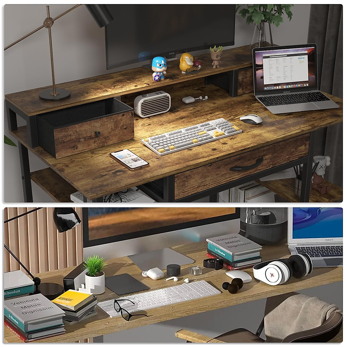 Treesland Computer Desk, 47" Office Desk with Monitor Shelf, Dual Tiers Home Office Gaming Desk with Drawers, Work Desk with Double-Layer Storage Rack, Stable Writing Desk, Rustic Brown