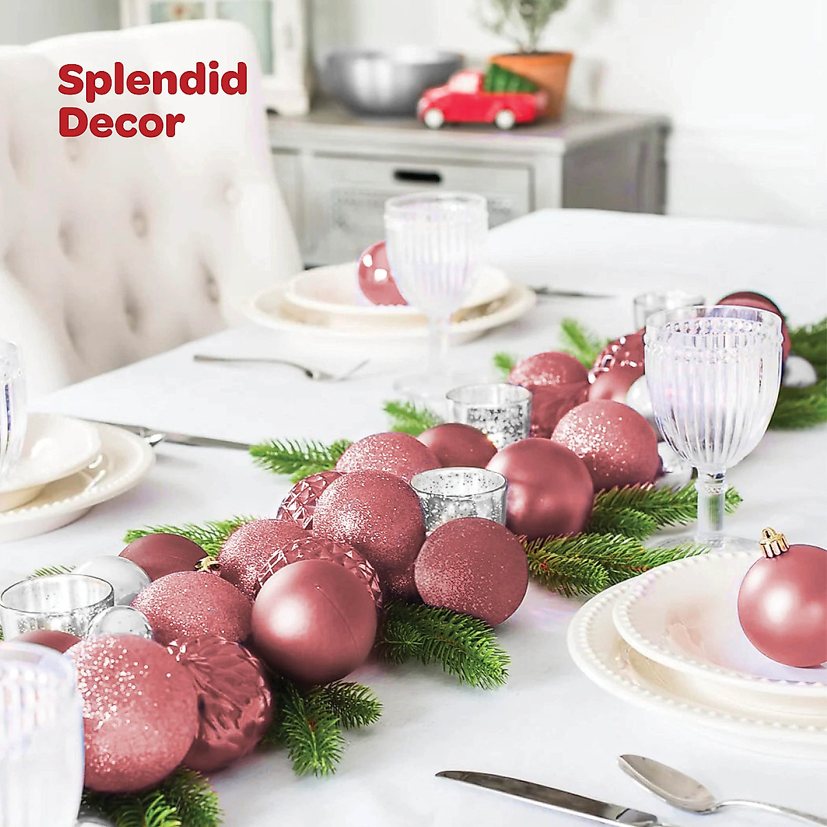 Christmas Ornaments Set of 24 - Beautiful [Rose-Gold] Christmas Tree Decorations Ornaments Set - 4 Styles Glitter/Matte/Mirror/Shiny - Shatterproof/Pre-Strung, For Holiday/Party/Decorations/DIY (1.5")