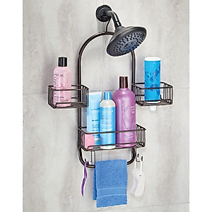 mDesign Modern Metal Wire Bathroom Tub & Shower Caddy, Hanging Storage Organizer Center - 2 Wash Cloth/Razor Hooks, 3 Baskets - for Bathroom Shower Stalls, Bathtubs - Rust Resistant - Bronze