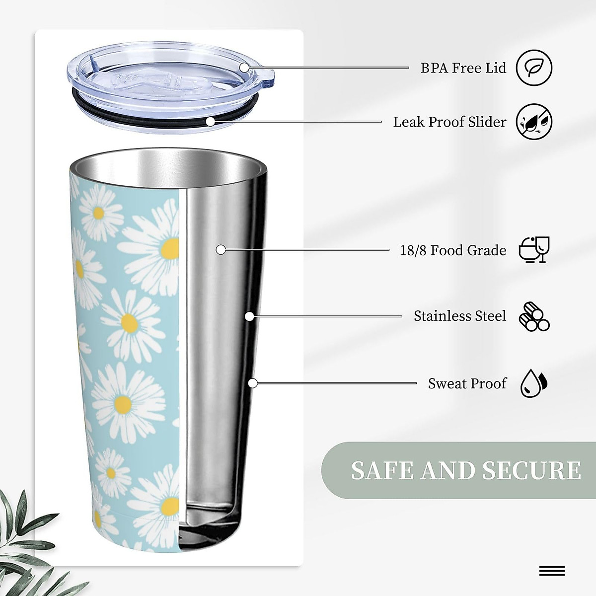 CHASOEA Daisy Flowers Tumbler 20oz Floral Stainless Steel Insulated Tumblers with Lid and Straw Light Blue Travel Coffee Mug Tea Wine Cups Water Bottle Sport Gifts for Women