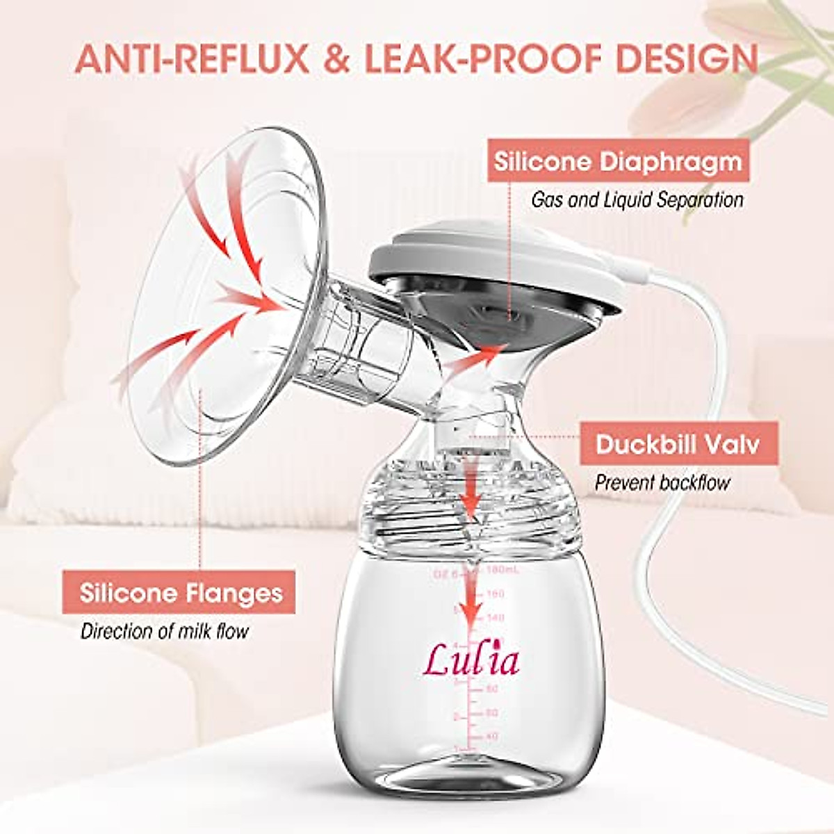 Lulia Electric Breast Pump with 10 Breastmilk Storage Bags, Breastfeeding Pump with 4 Modes and 9 Levels, Portable Breast Pump with 24mm Flanges, Strong Suction Power, Quiet, Pain Free