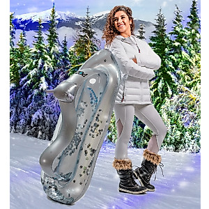 POZA Inflatable Silver Snow Tubes Collection - Silver Snow Sled Tube, Snowmobile, Boogie Sled with Handles and Snowflake Confetti, Cold Resistant Heavy Duty PVC Tube Sled for Adults and Kids - 3 Piece