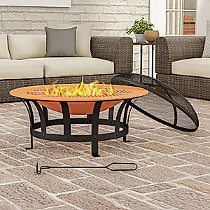 Pure Garden 50-LG1204 30” Outdoor Deep Fire Pit-Round Large Colored Steel Bowl, Mesh Spark Screen, Log Poker & Grilling Grate-Patio Wood Burning, Copper and Black